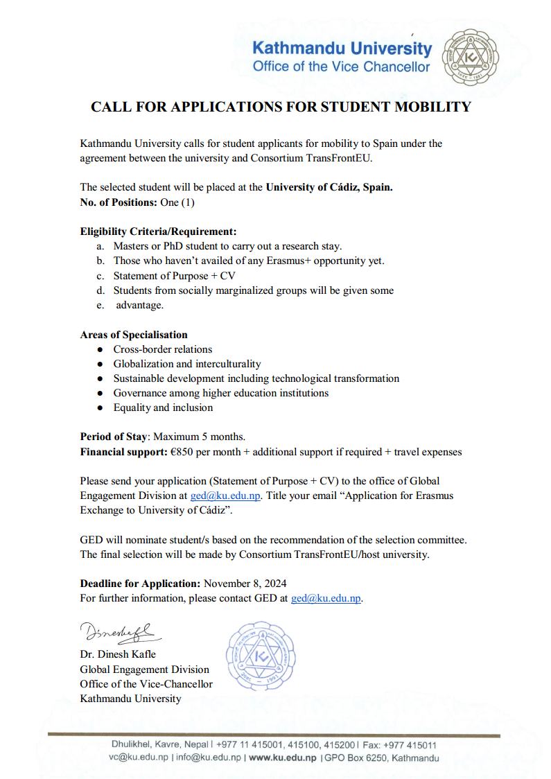 CALL FOR APPLICATIONS FOR STUDENT MOBILITY – Global Engagement Division